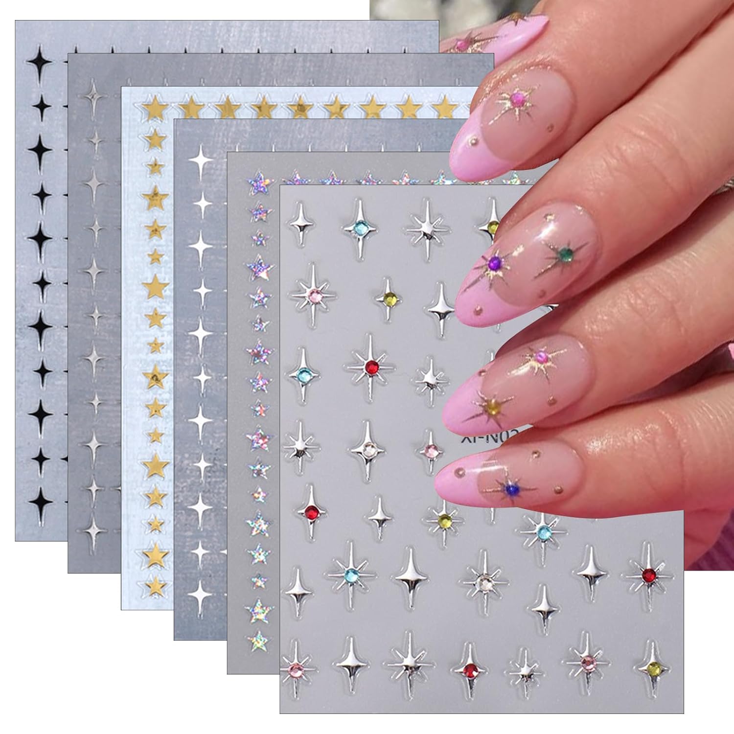 Amazon.com: 6 Sheets Colorful Star Nail Art Stickers 3D Self-Adhesive ...