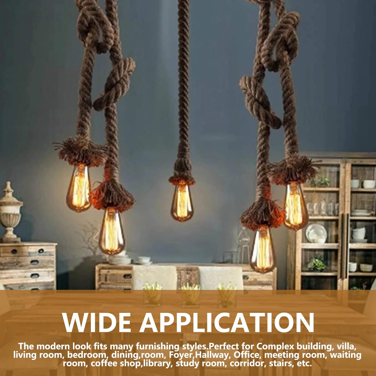 Buy Jroyseter Hemp Rope Light 3 Heads Vintage Hanging Pendant Rope ...