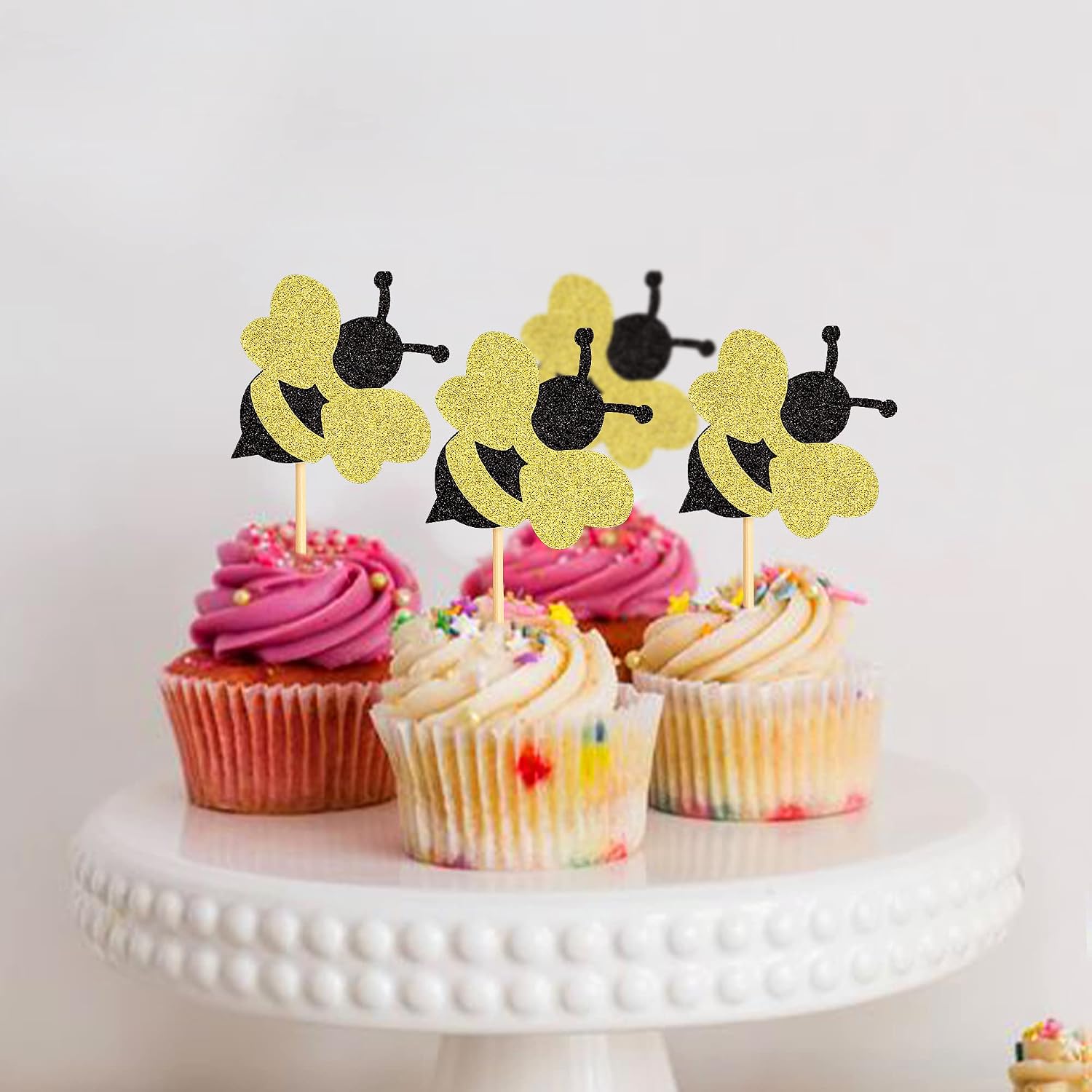 Buy Yecehapy 25 Pack Bee Cupcake Toppers Gold Glitter Cupcake ...