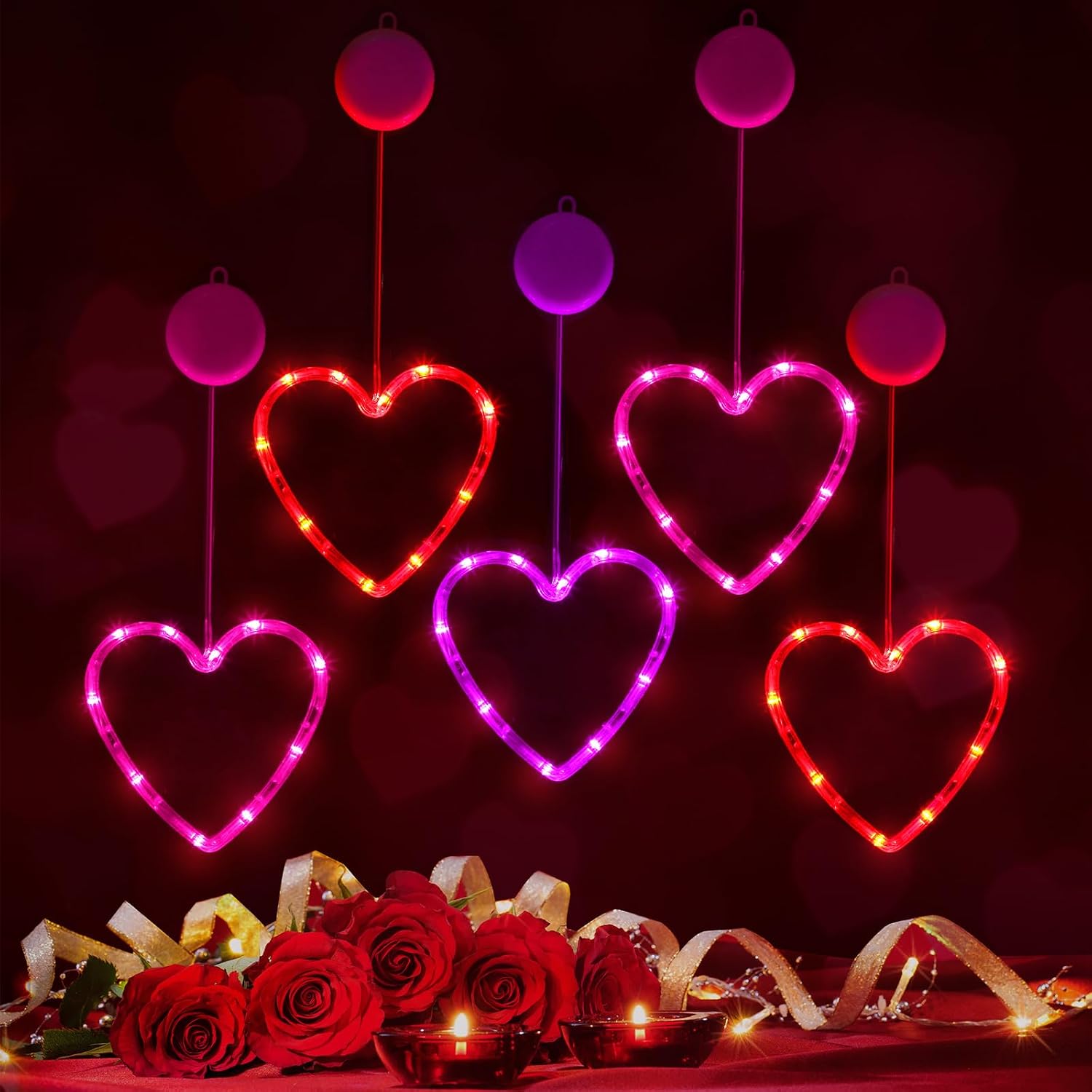 Amazon.com: Baquler 5 Pcs Timed Window Lights Hanging Red Heart Lights ...