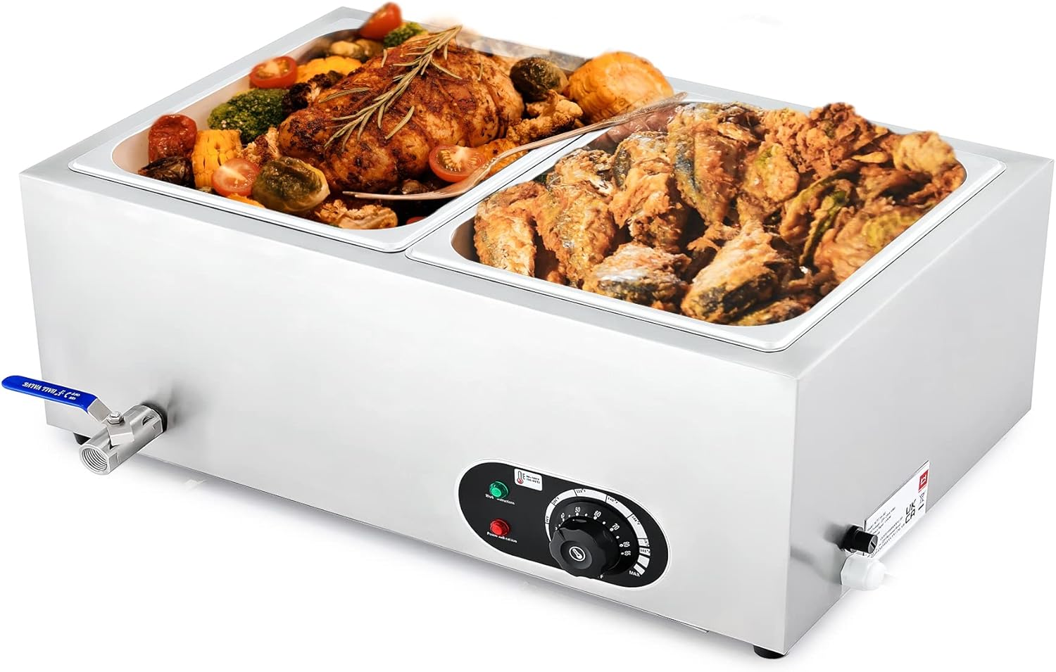 CREWORKS Bain Marie Food Warmer with 2 Pans and Lids, 19L 1500W ...