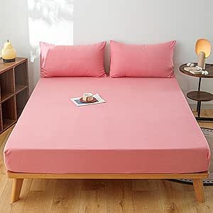 Amazon.com: Simple Solid Color Fitted Sheet Skin-Friendly Cotton Bed Sheet 360° All-Inclusive ...