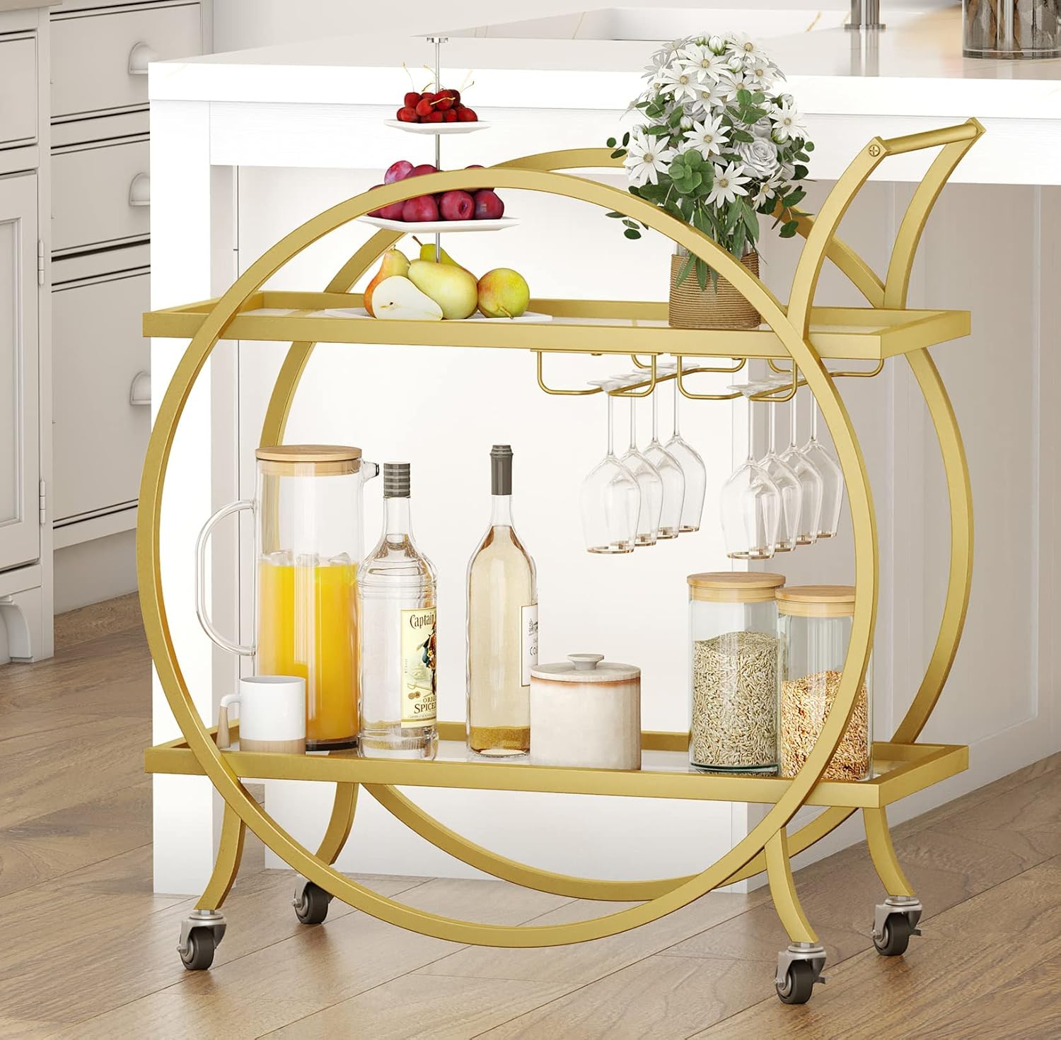 Amazon.com: SMARTISBEAUTY Gold Bar Cart, 2-Tier Rolling Mobile Home Bar and Serving Beverage ...