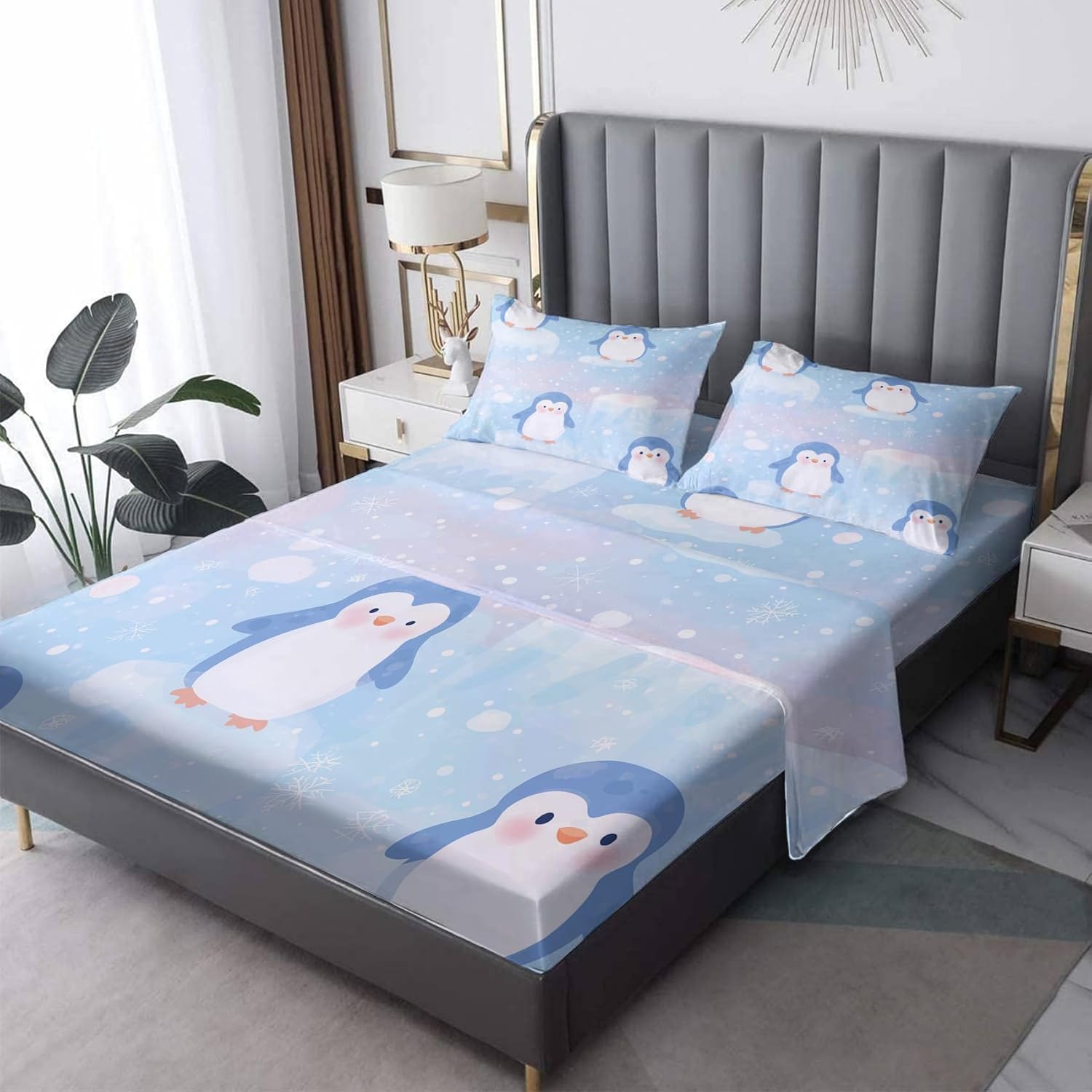 Zhrylliq Penguin Sheets Queen Size 4 Piece, Cute Arctic Animal Bed ...