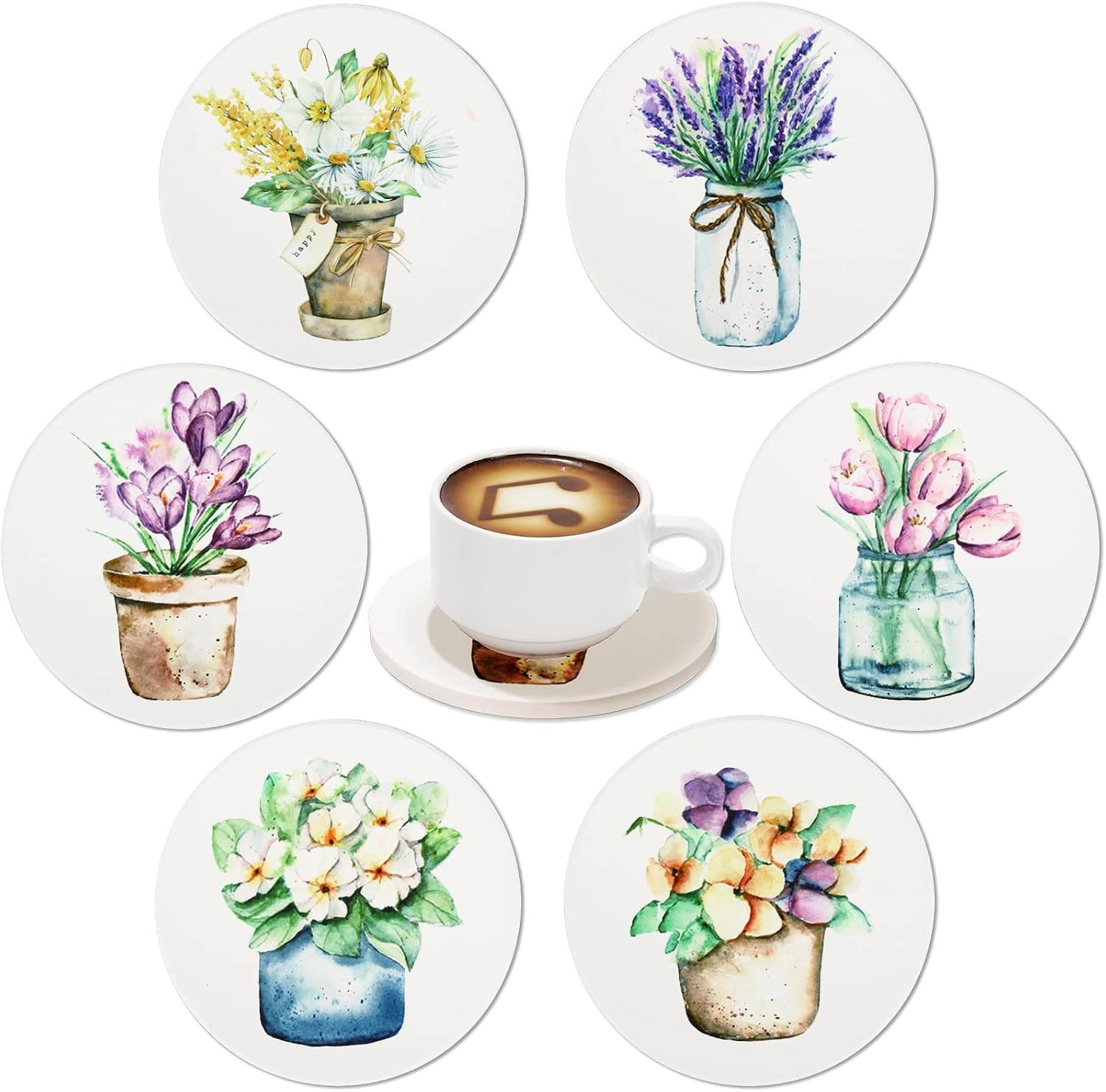 Amazon.com | AnyDesign Ceramic Watercolor Floral Coasters Set of 6 ...