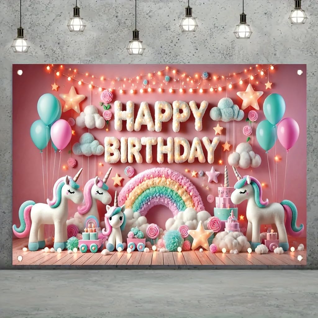 Amazon.com: Unicorn Themed Happy Birthday Backdrop Banner Party ...