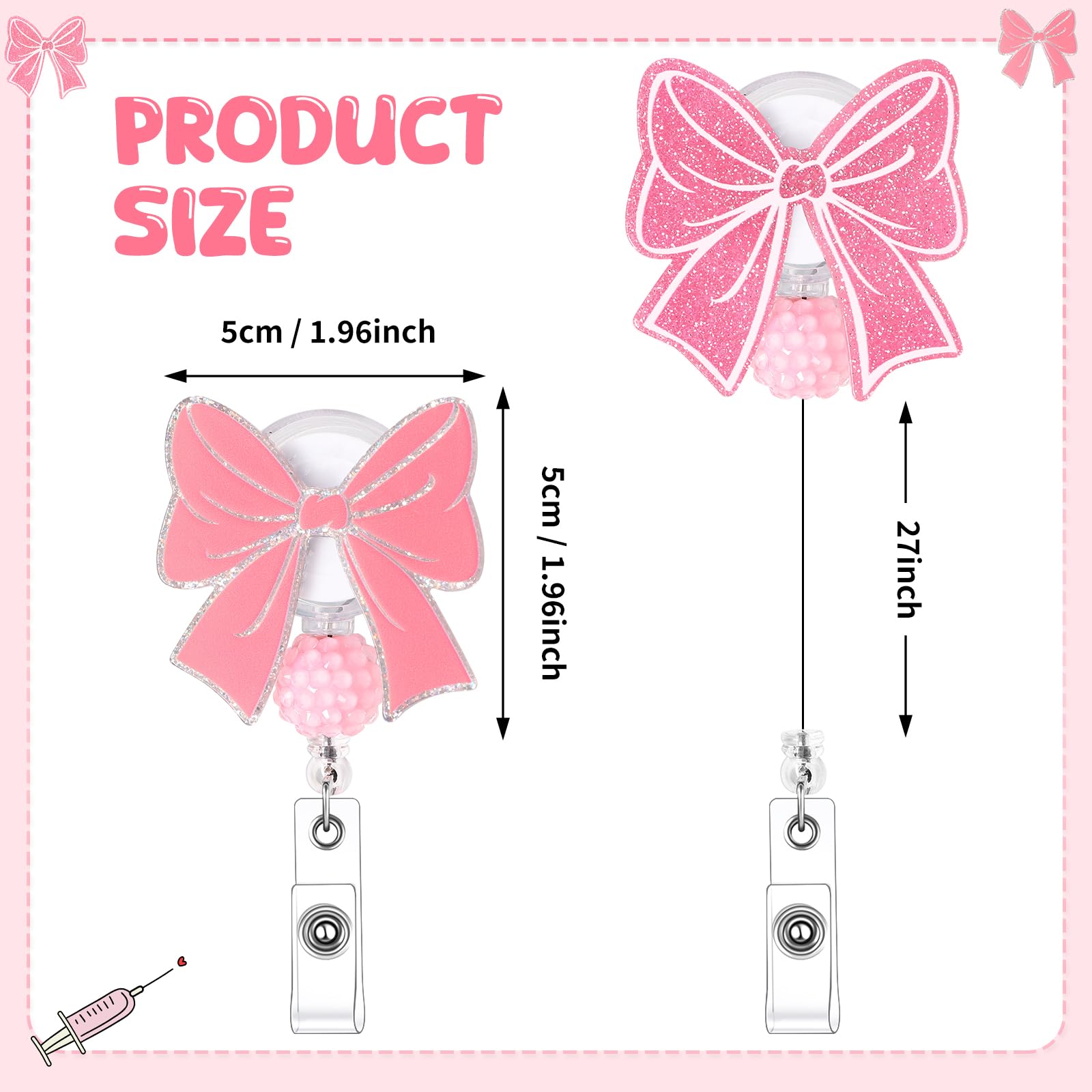 Snapklik.com : 2 Pack Pink Bow Badge Reel Retractable Nurse Badge Reels