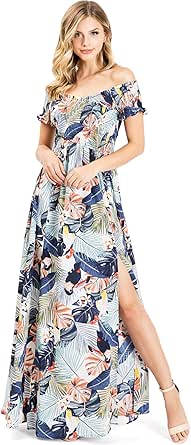 Aakaa Women's Sleeveless Floral Smocked Off Shoulder Maxi Dress at ...