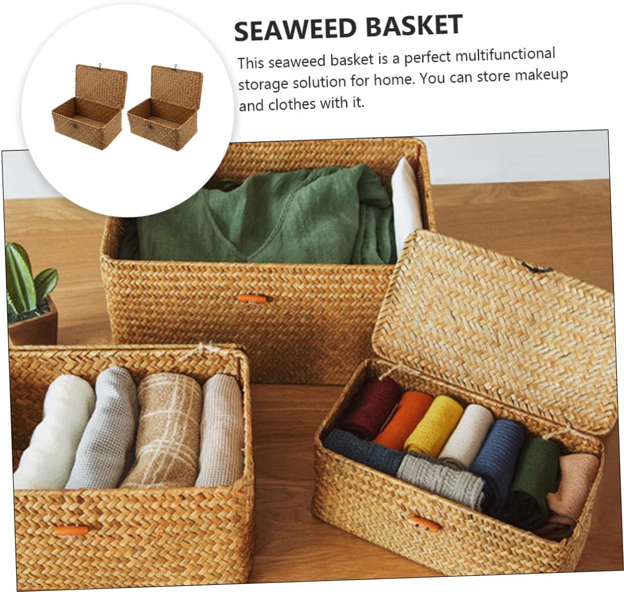 2pcs Woven Laundry Basket with Lid Portable Shelves Rattan Storage ...