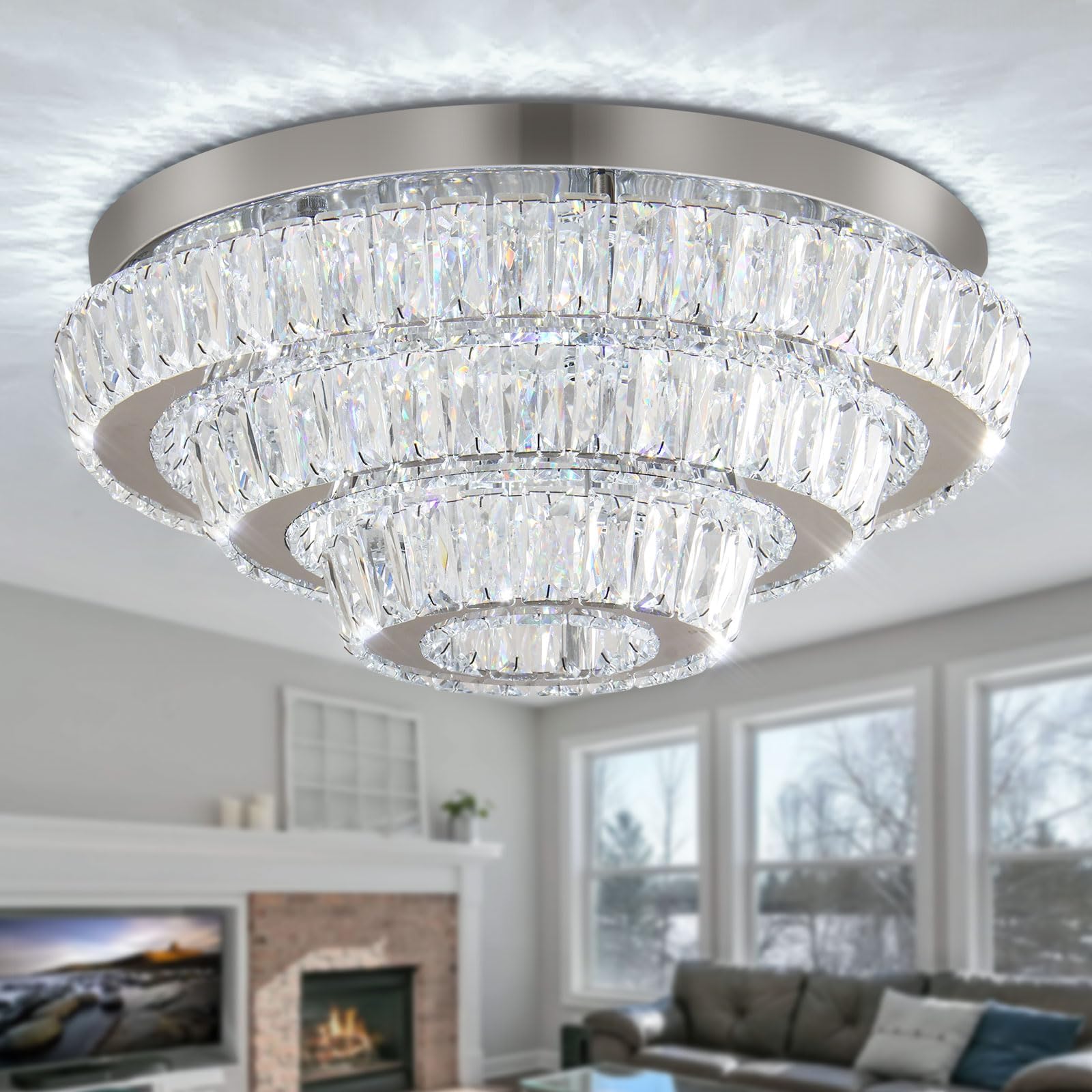 Cainjiazh 16.5" Crystal Chandelier LED Crystal Ceiling Light 3 Layers ...