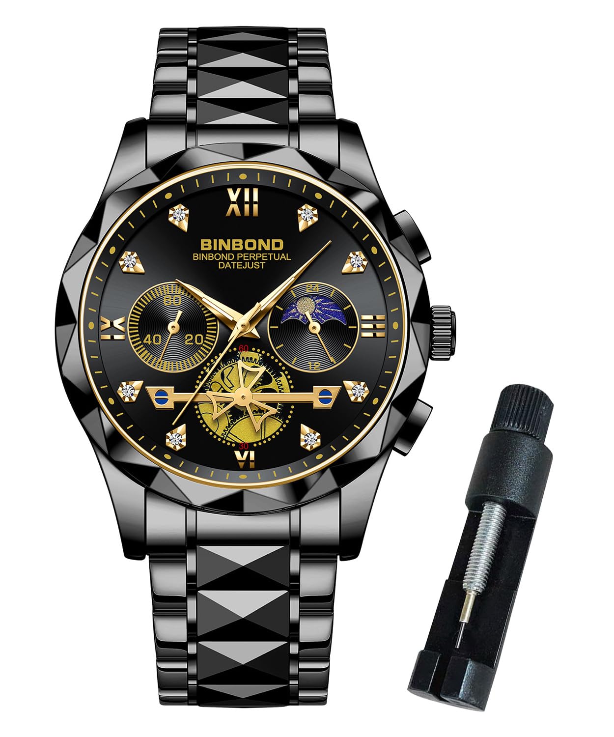 Amazon.com: BINBOND Black Watches for Men Stainless Steel Luxury Dress ...