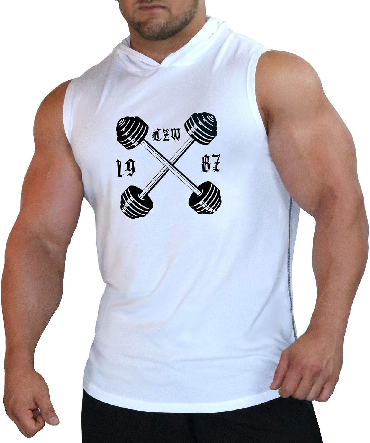 Crazee Wear Fitted Bodybuilder White Sleeveless Hoodie with CZW X ...