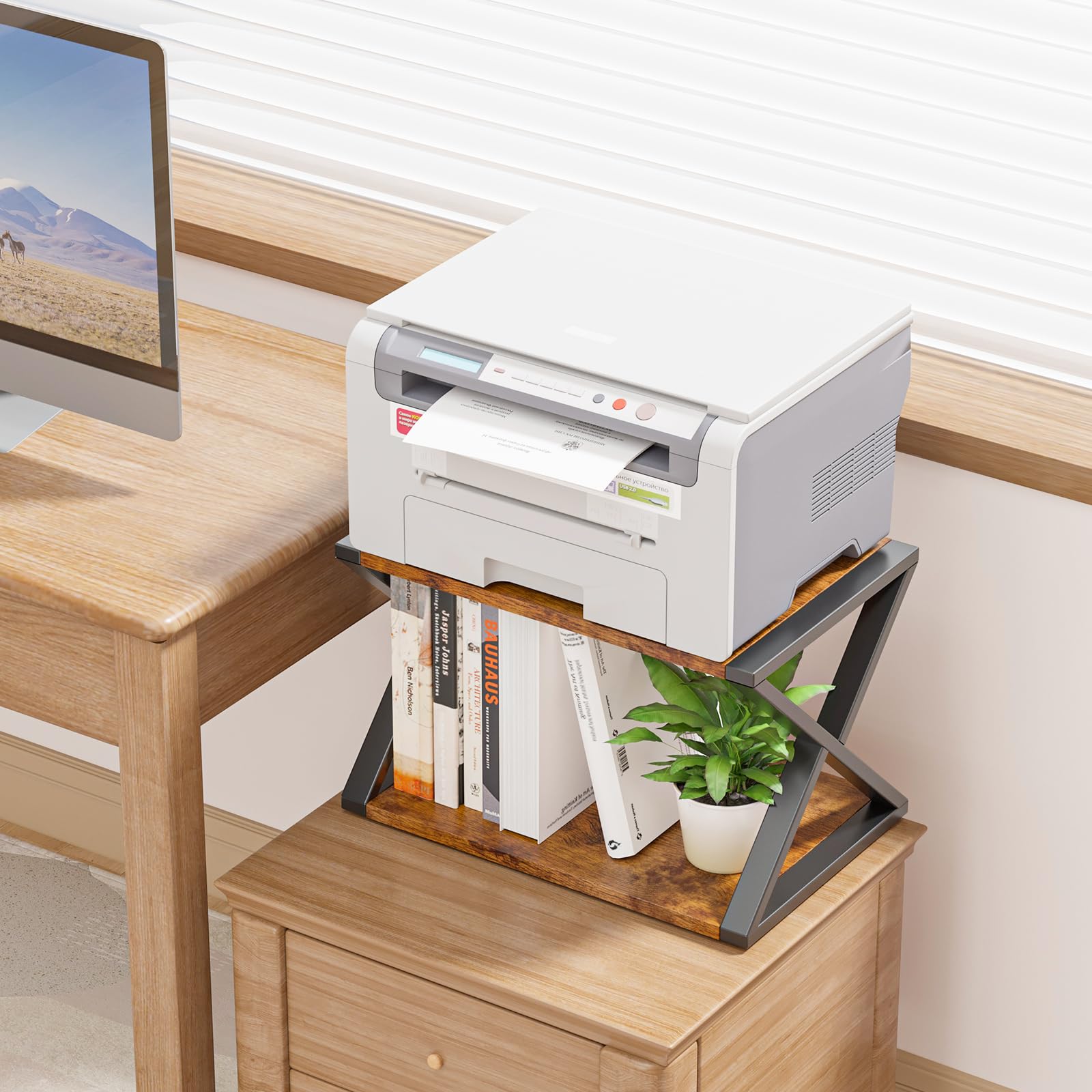 Snapklik.com : WALI Printer Stand For Desk, 2 Tier Solid Wood Printer ...