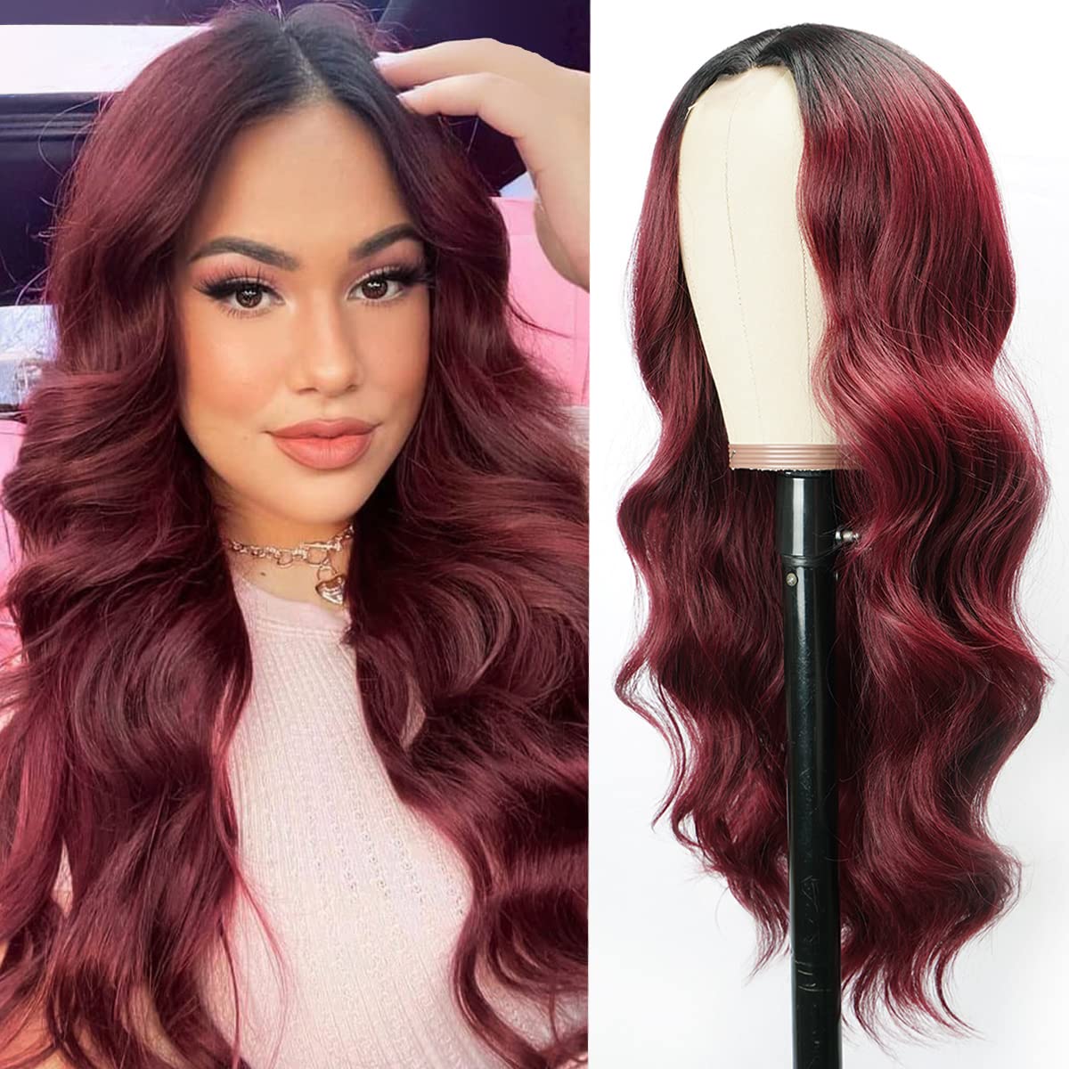 Amazon.com : Halcyon Long Wine Red Wavy Wigs for Women 26 Inch Ombre ...
