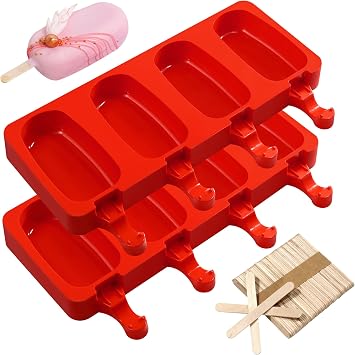 2PCS 4 Cavities Silicone Ice Lolly Moulds with 50pcs Wooden Sticks, Non ...