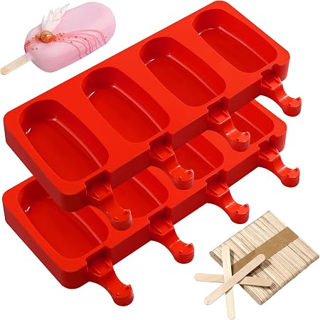 2PCS 4 Cavities Silicone Ice Lolly Moulds with 50pcs Wooden Sticks, Non ...
