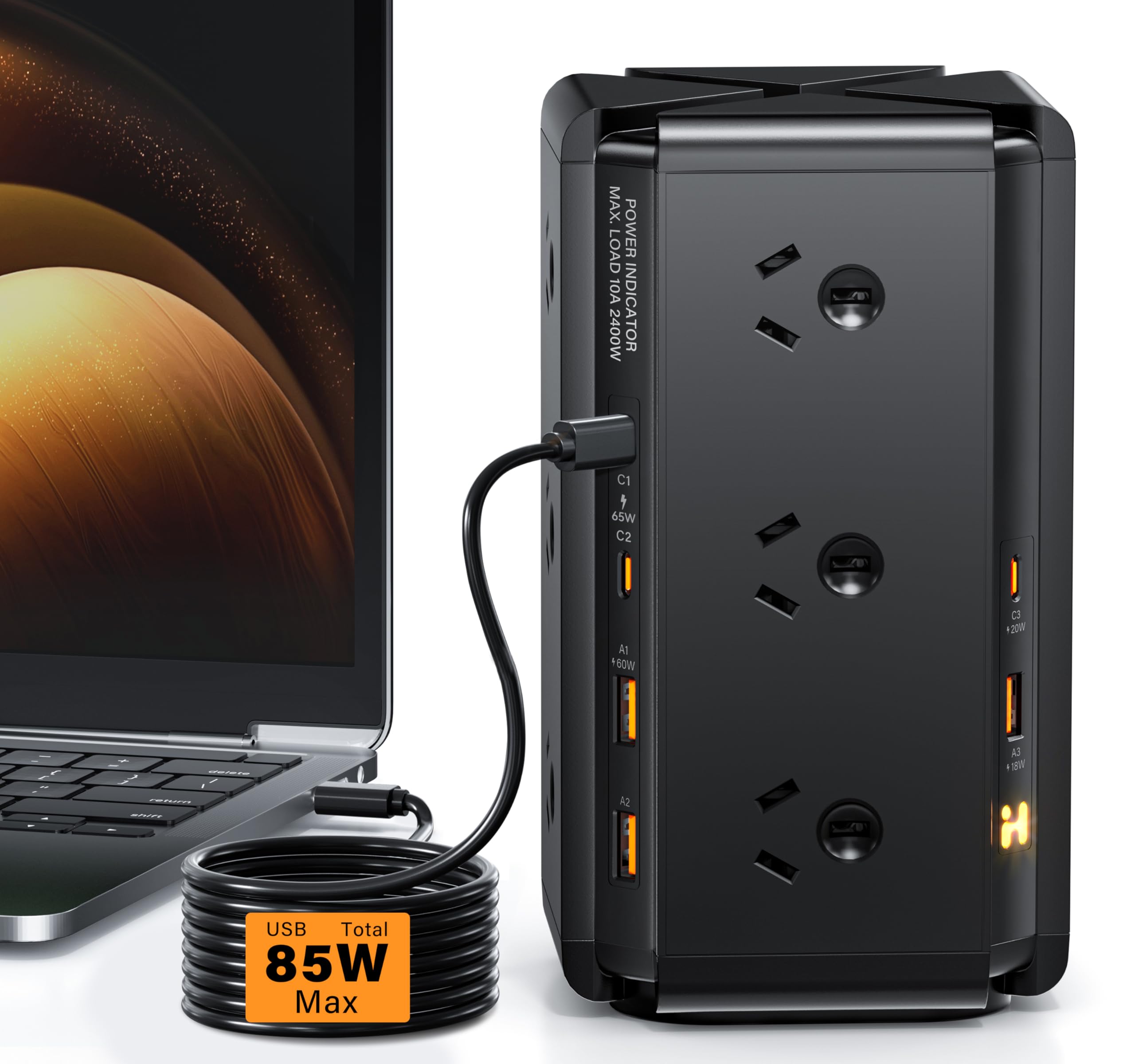 Tower Powerboard USB C 85W - 65W Power Board Surger Protector, Fast Chargering Tower Power Strip ...