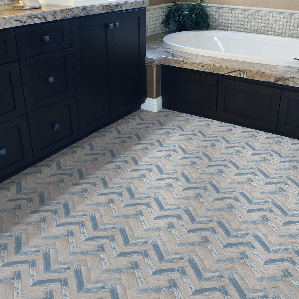 Floor Sticker, Blue Herringbone Color Vinyl Floor Wall Tiles Floor ...
