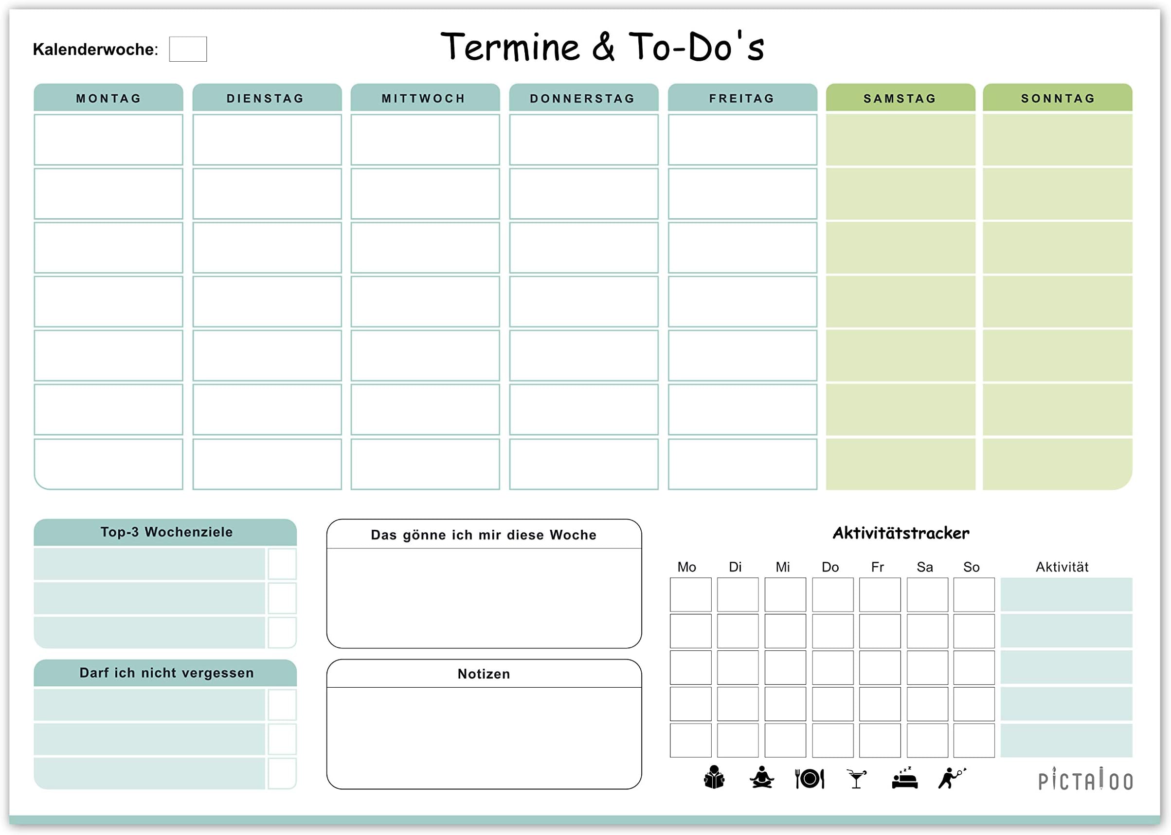 paper&you® Wochenplaner Block A4 ohne festes Datum [Rainbow] 50 Blatt ...