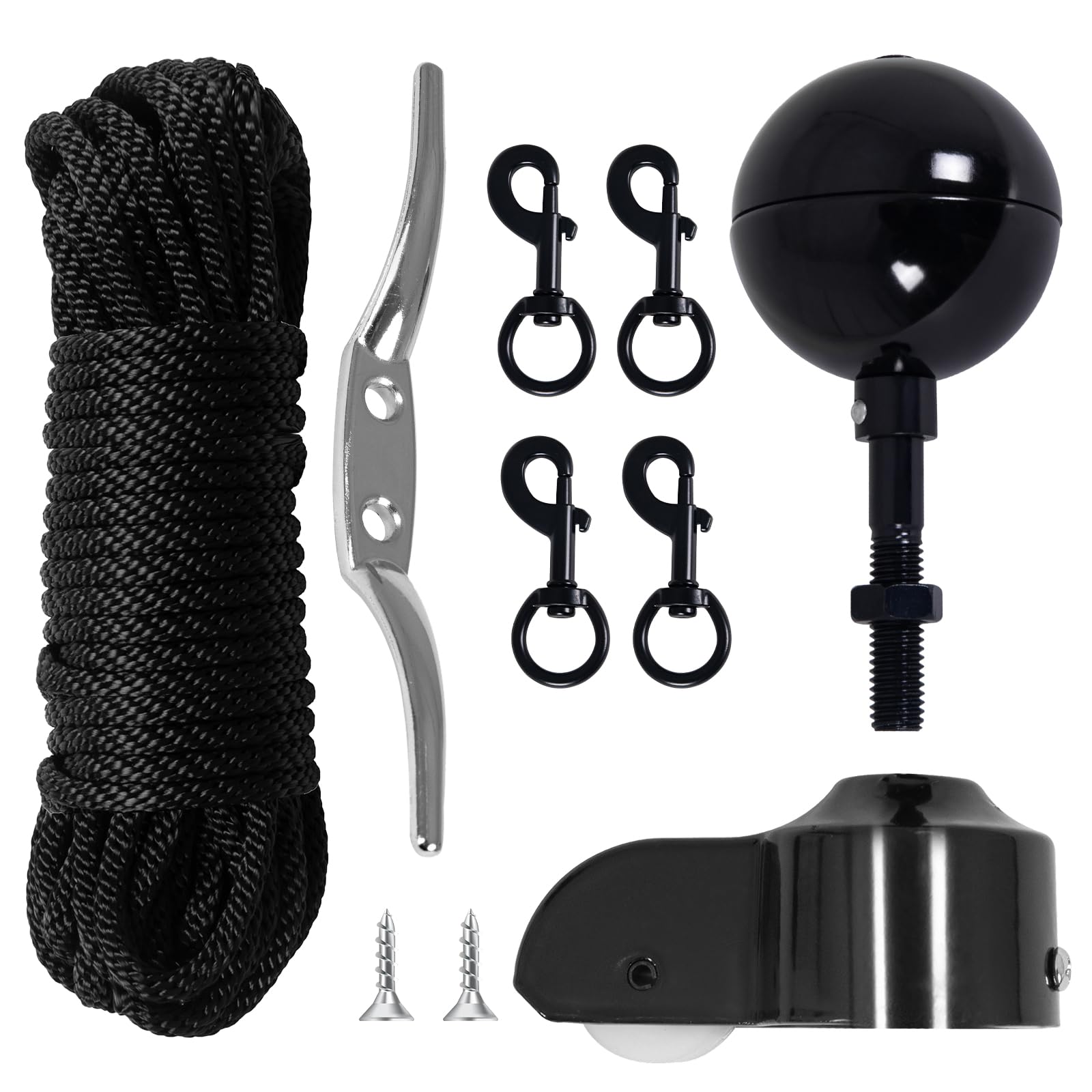 Flagpole Hardware Repair Parts Kit-50 Ft Halyard Rope +3" Black Ball+6 ...