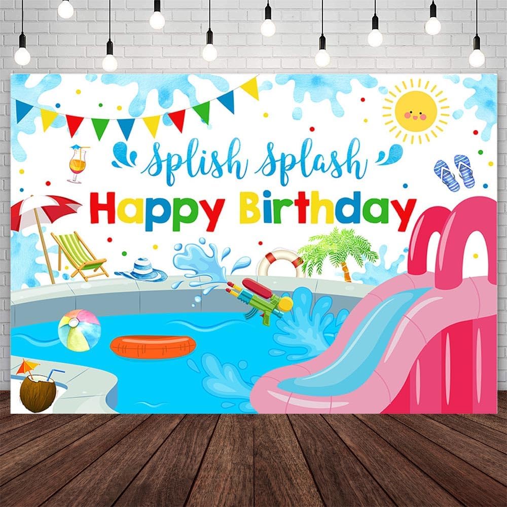 Amazon.com : AIBIIN 7x5ft Summer Splish Splash Birthday Backdrop Happy ...