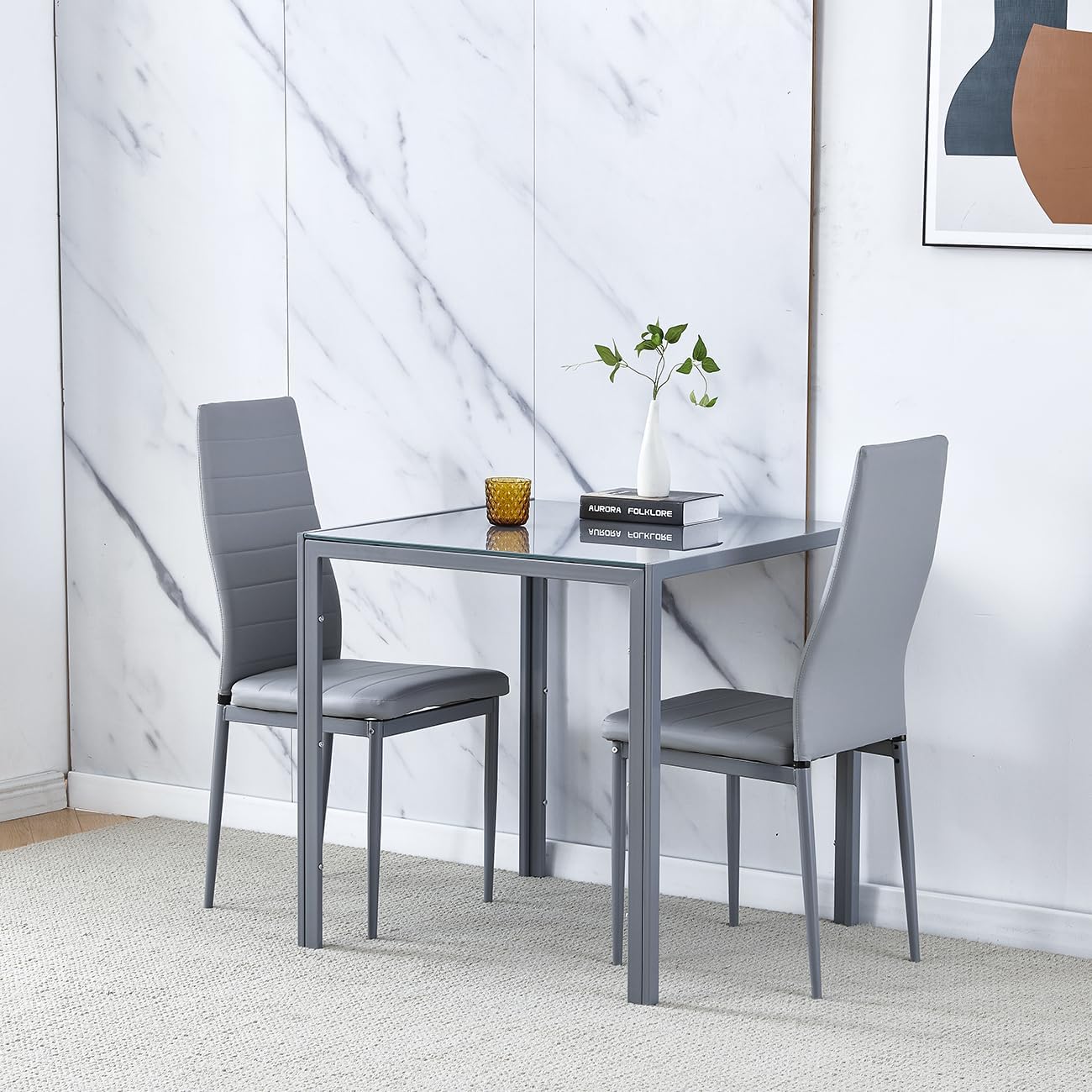 Pantanal Compact Grey Glass Dining Table and Chairs Set of 2 for Small ...