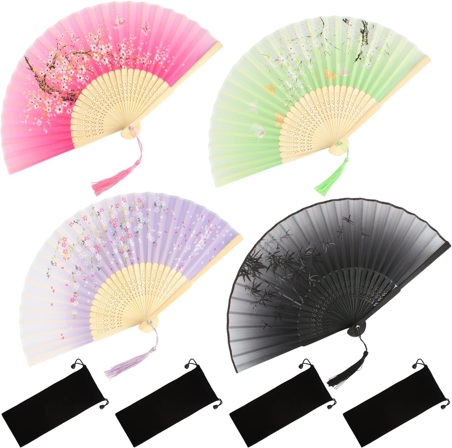 YUE QIN 6 Pcs Folding Fans Handheld Bamboo Silk Fabric Folding Cloth ...