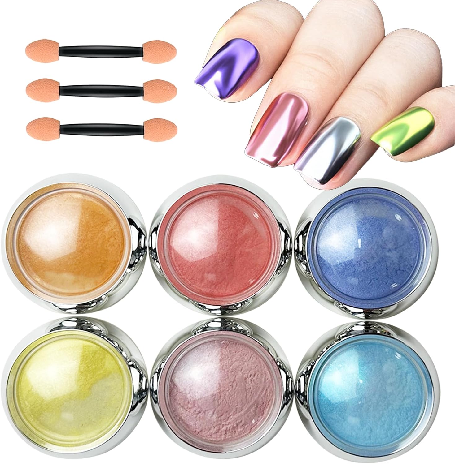 Amazon.com: 6 Color Chrome Nail Powder - Metallic Mirror Effect Pigment ...