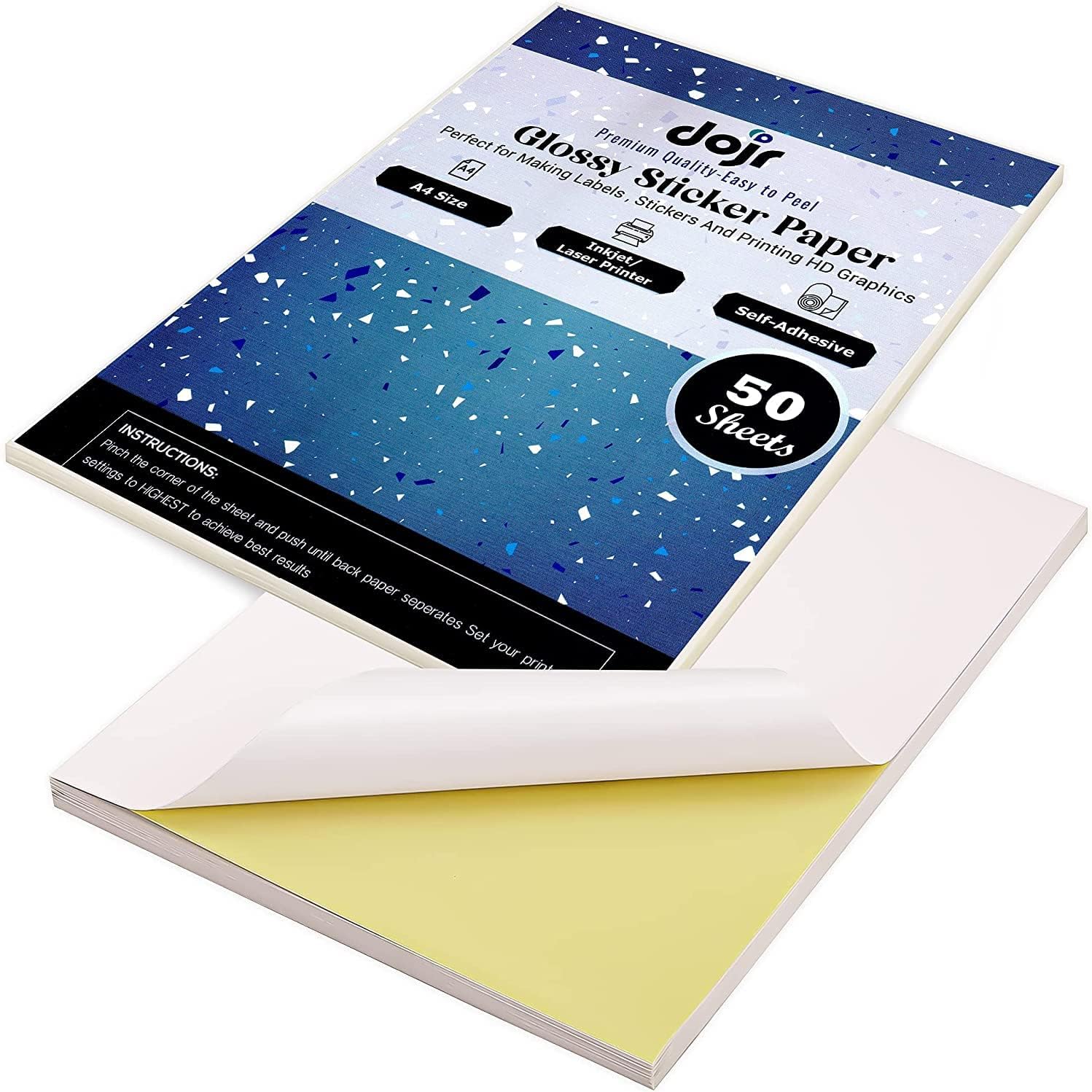 DOJR Sticker Paper for Printer A4 - Pack of 50 Printable Sticker Paper ...