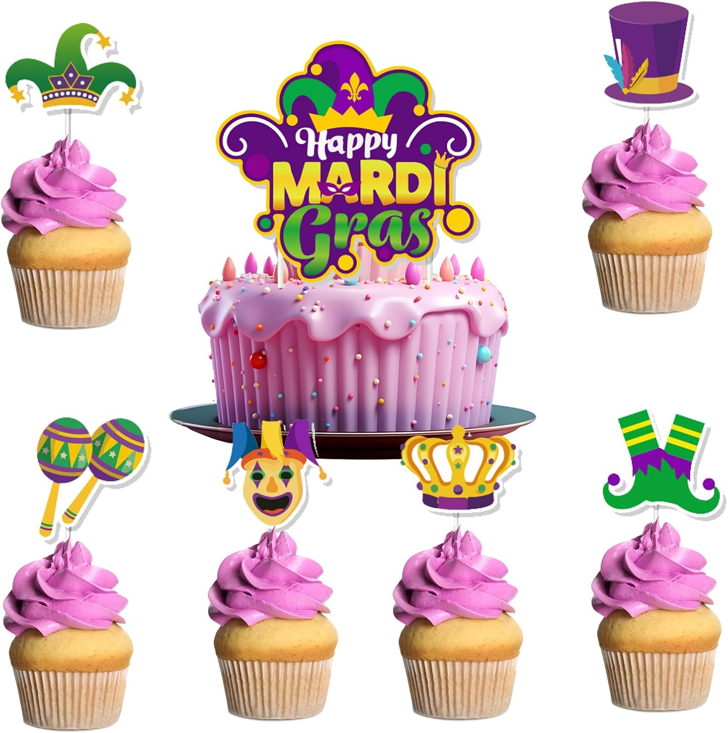 Amazon.com: Ecuupas Carnival Cupcake Toppers Mardi Gras Cake Toppers ...