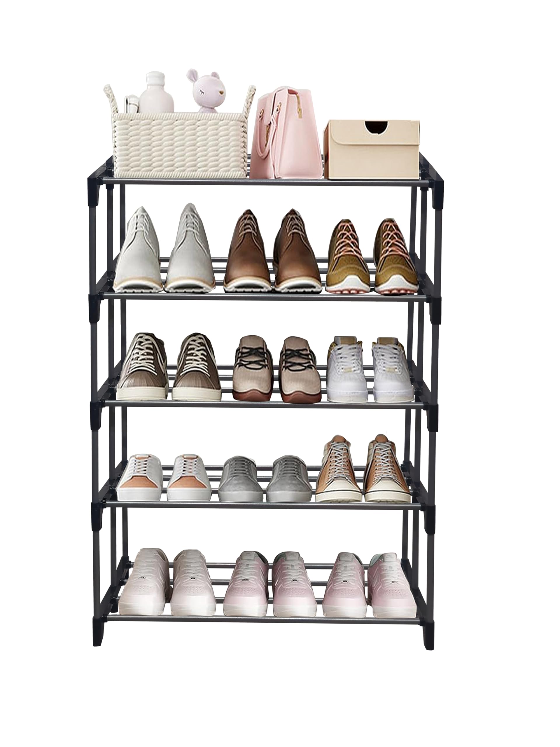 GlowSilk® Heavy Metal Adjustable Shoe Rack (5 Shelves) Foldable Open ...