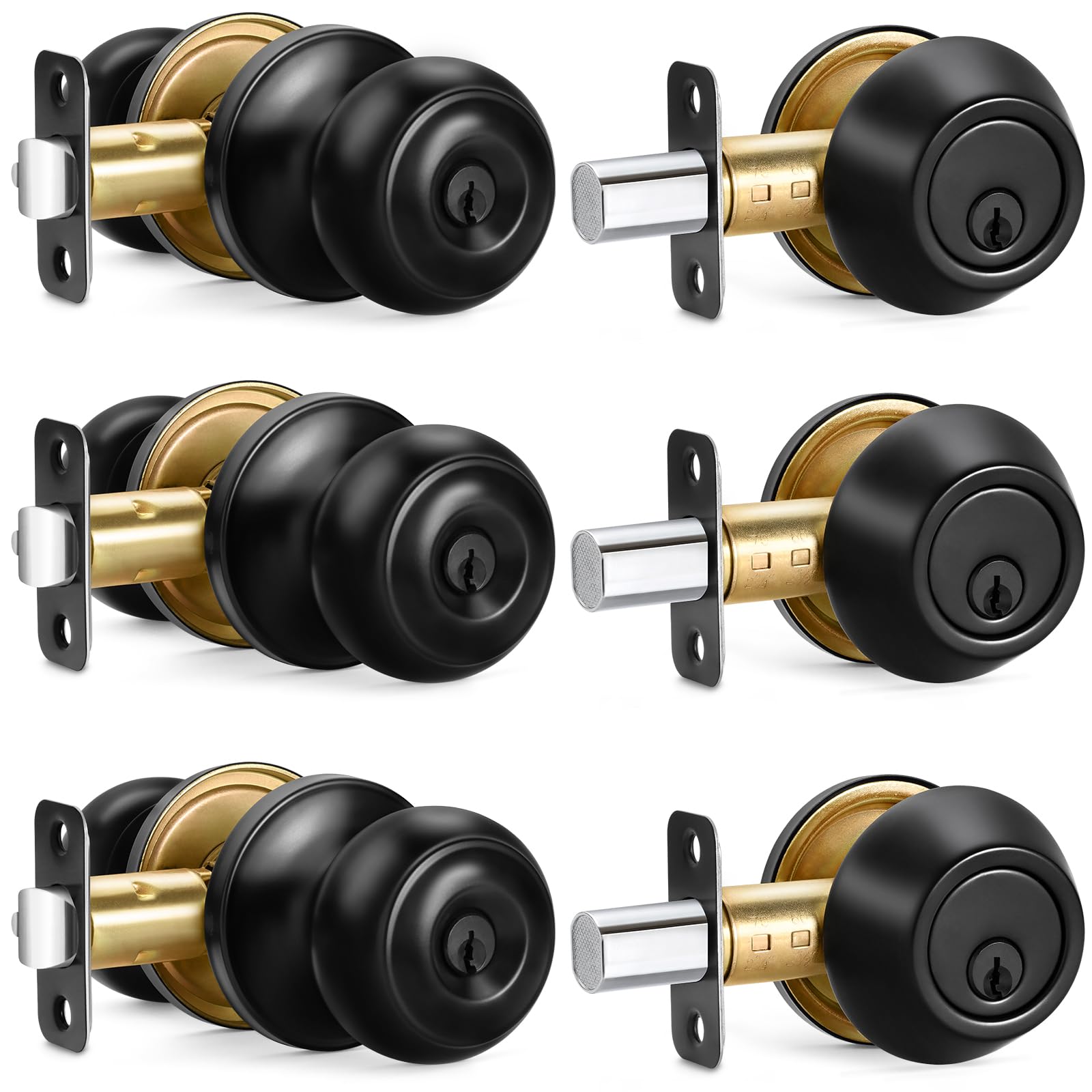 3 Sets Entry Door Knob and Single Cylinder Deadbolt Combo Set, Keyed ...