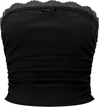 Women Strapless Tube Top Sleeveless Backless Lace Patchwork Basic ...