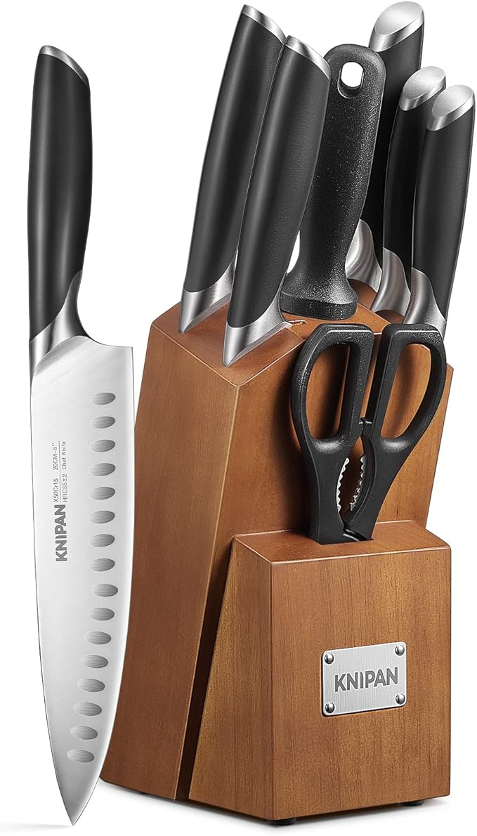 Knipan Kitchen Knife Block Set 8PCS with Wooden Block, Stainless Steel ...