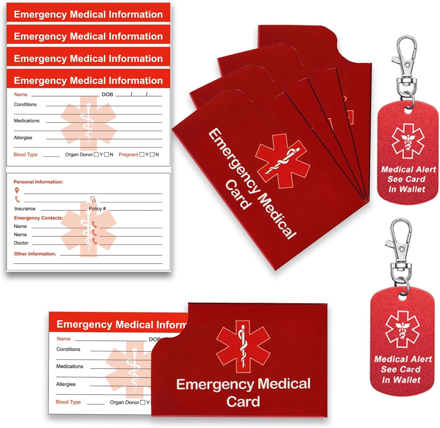 4 Pack Medical Alert Emergency Contact Information Id Card for Wallet ...