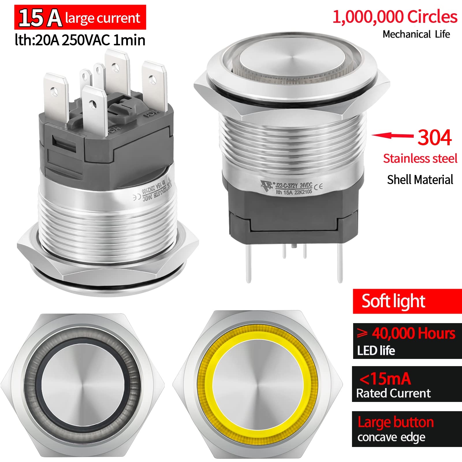 Snapklik.com : 15 Amp 22mm 7/8 Latching Push Button Switch 24VDC Yellow ...