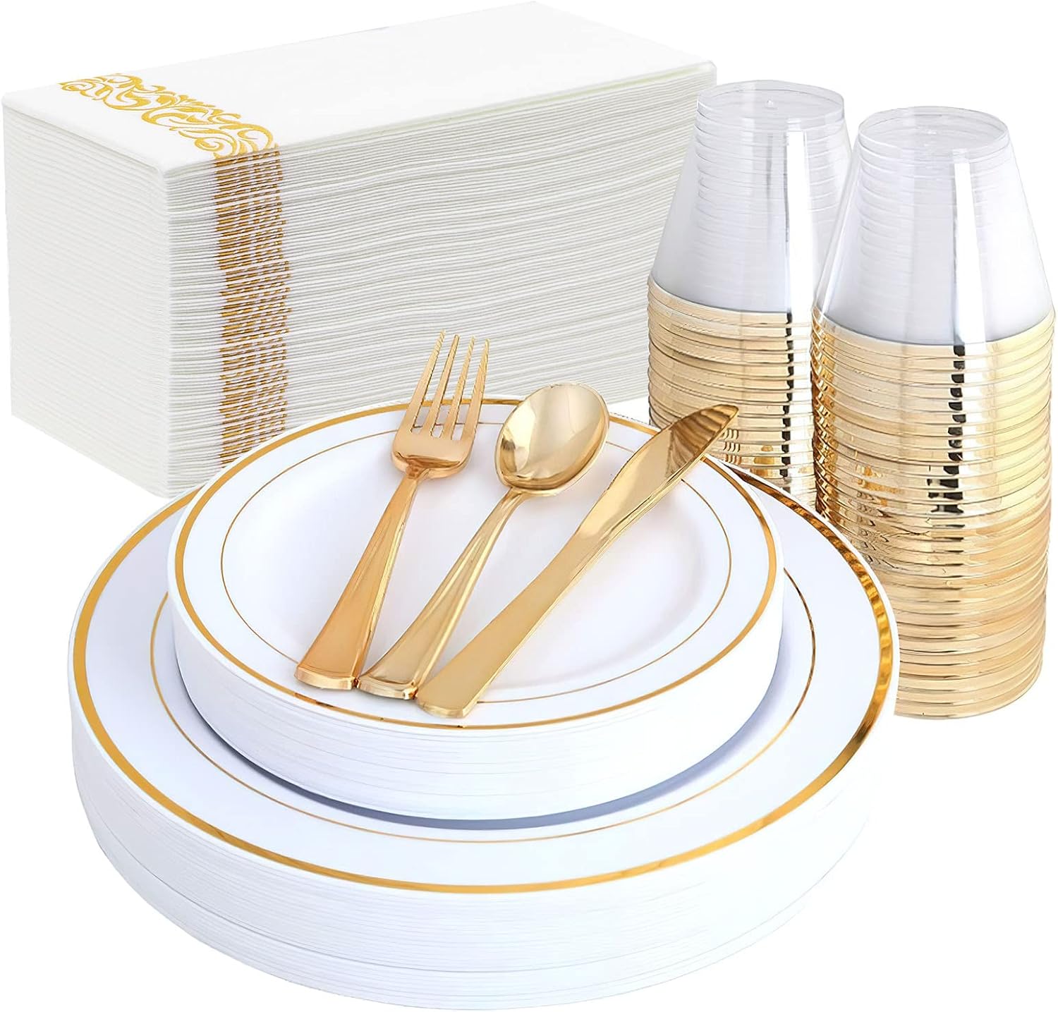 175 Piece White and Gold Party Supplies, Disposable Party Dinnerware ...