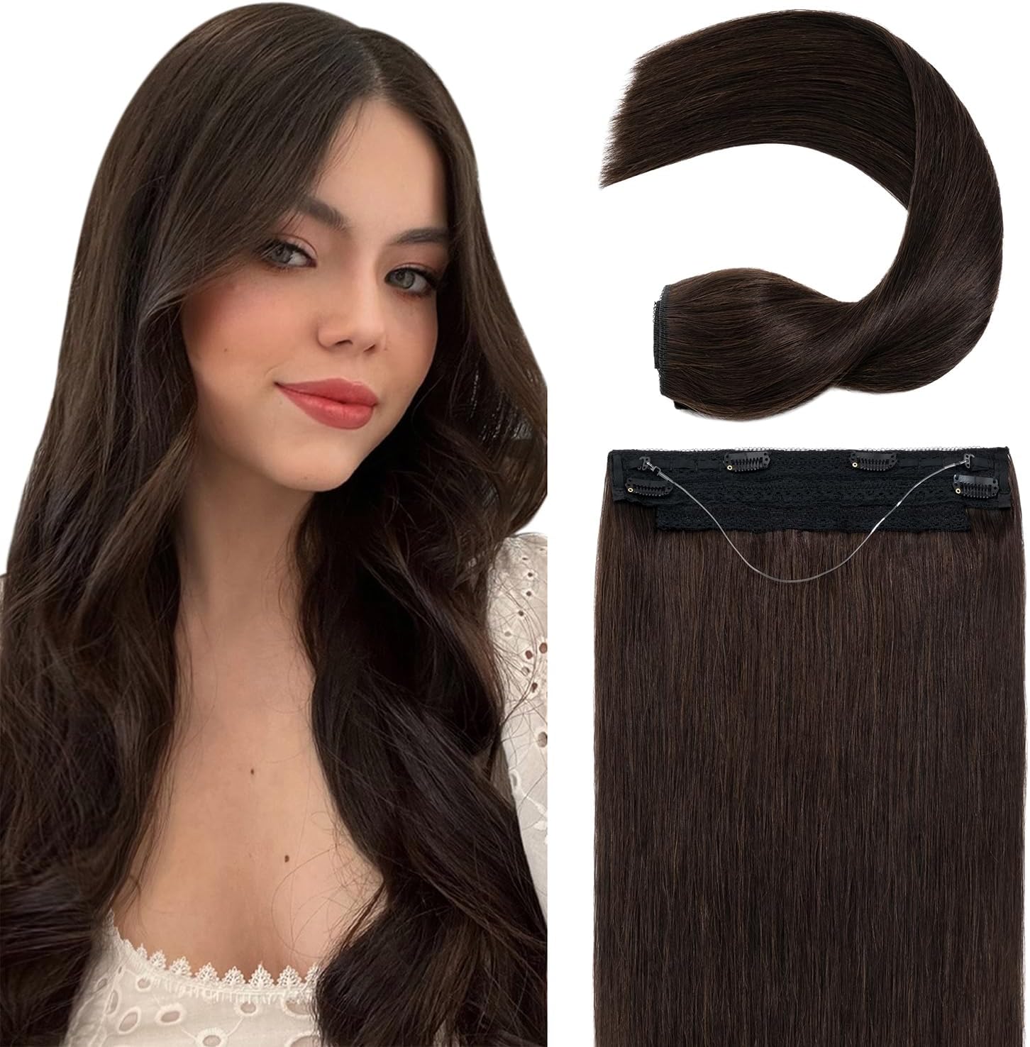 S-noilite Invisible Wire Hair Extensions Real Human Hair Dark Brown ...