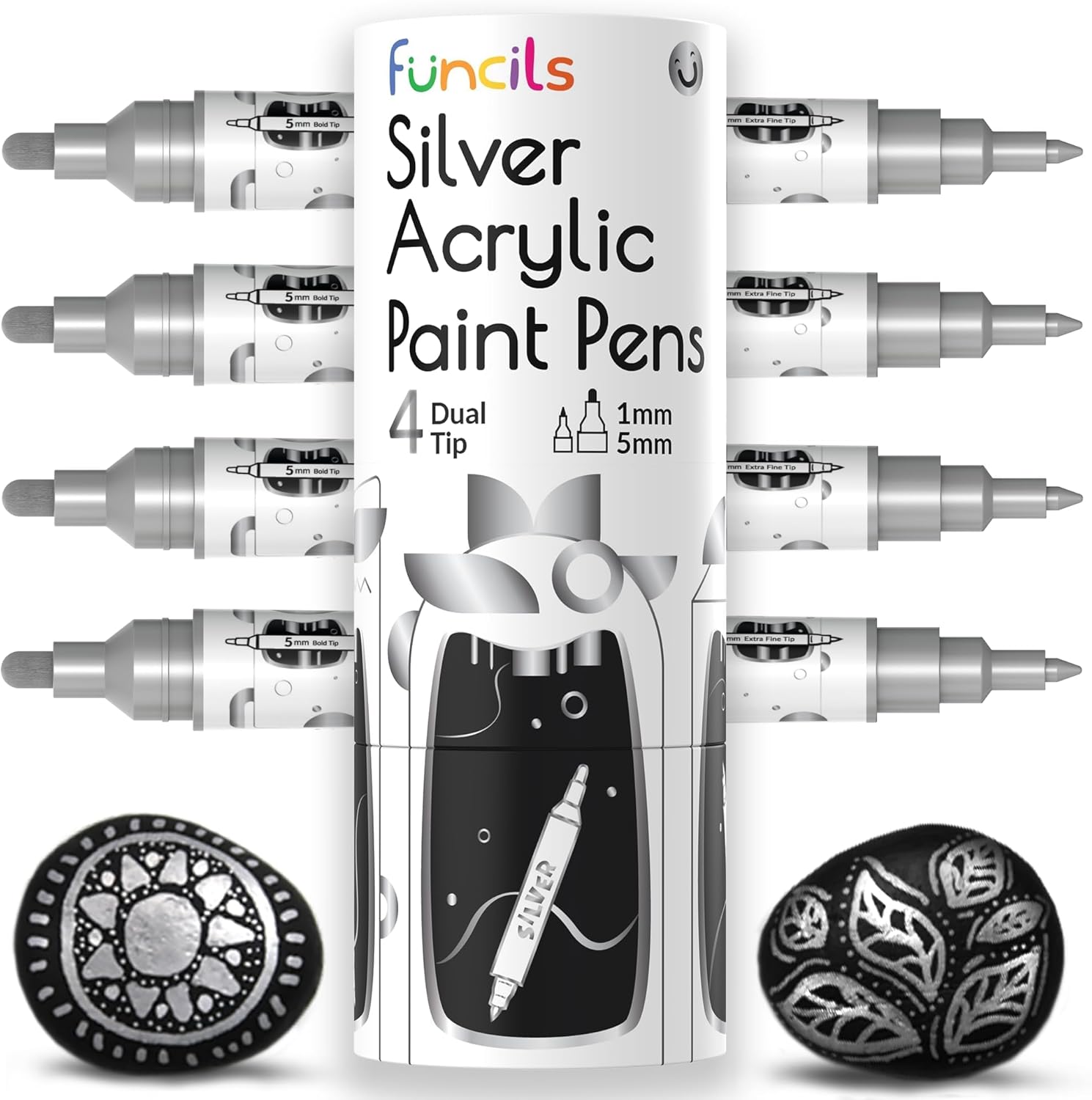 4 Acrylic Metallic Silver Paint Pen (Dual Tip) - Fine Tip & Medium ...
