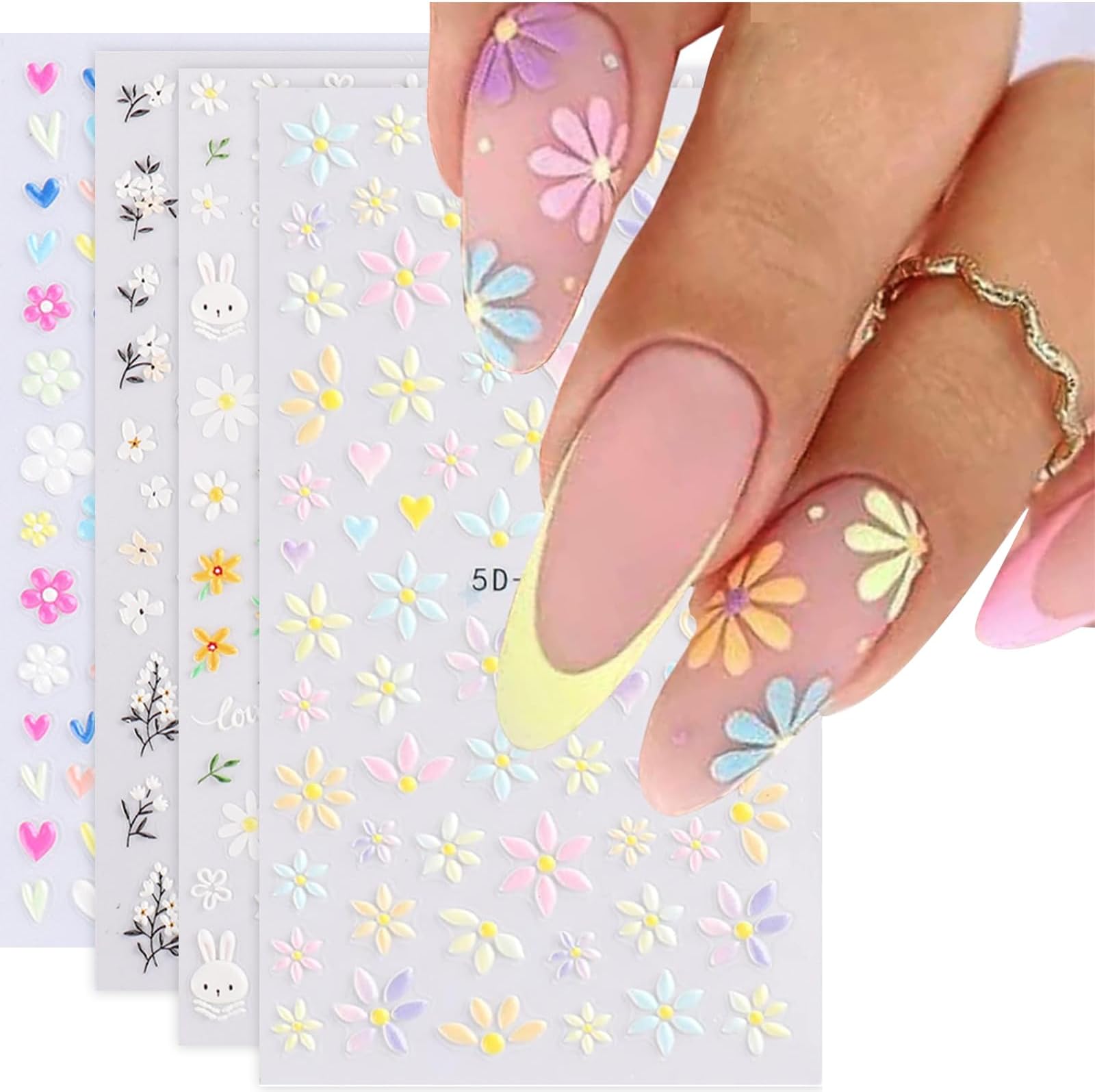 Amazon.com: Flowers Nail Art Stickers Decals, 3D Self-Adhesive Colorful ...