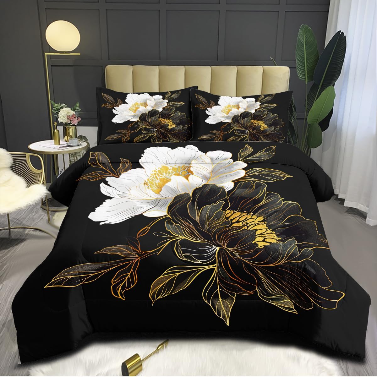 Amazon.com: CCoutueChen Black White Floral Comforter Set King Size ...