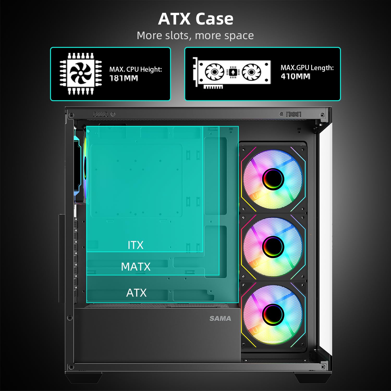 SAMA PC CASE ATX 4 ARGB Fans Pre-Installed, Type-C Mid Tower Computer ...