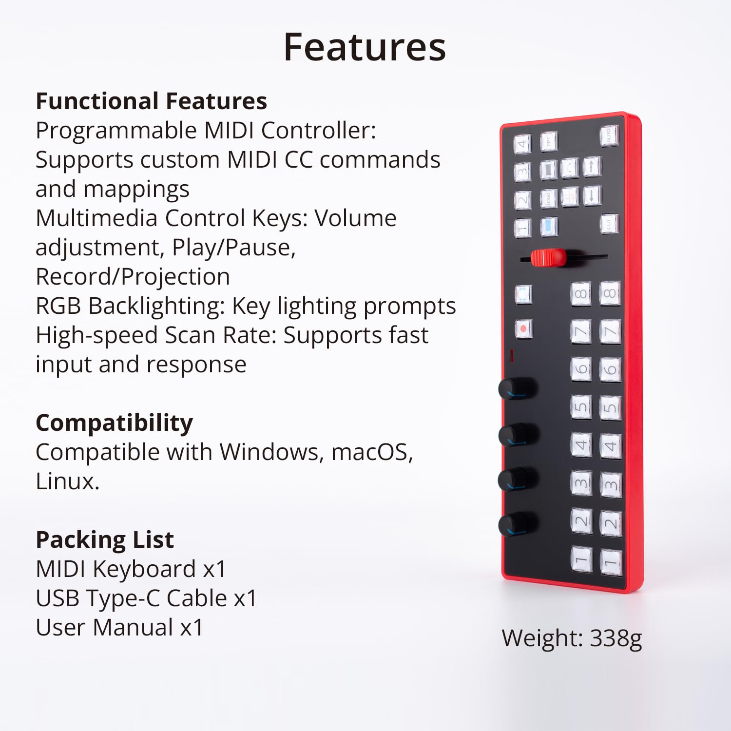 Live Stream Controller With Knobs Fader USB-C MIDI Control Keyboard For ...