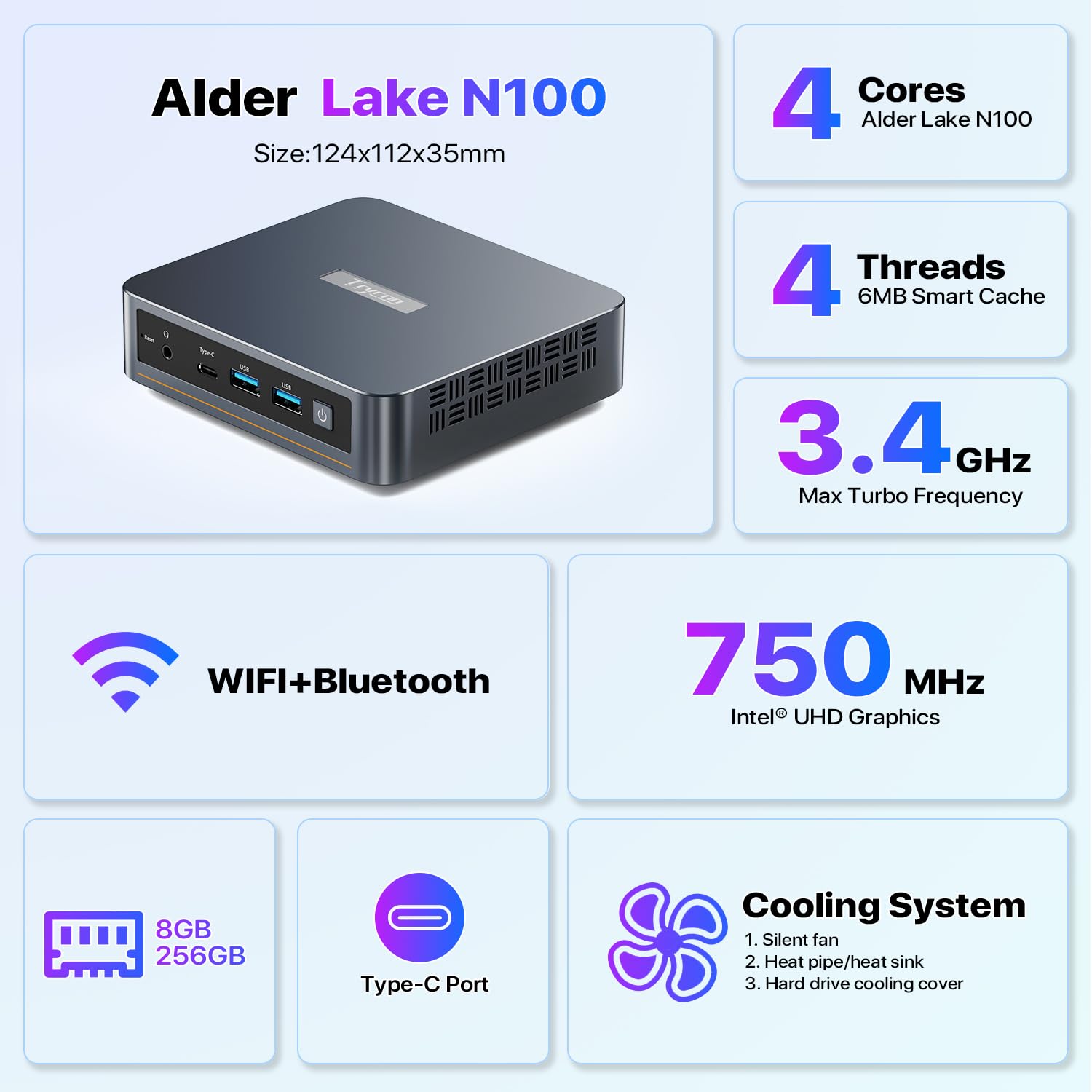 Snapklik.com : Trycoo Mini PC 12th N100, 8GB DDR4 256GB SSD, WI6 Intel ...
