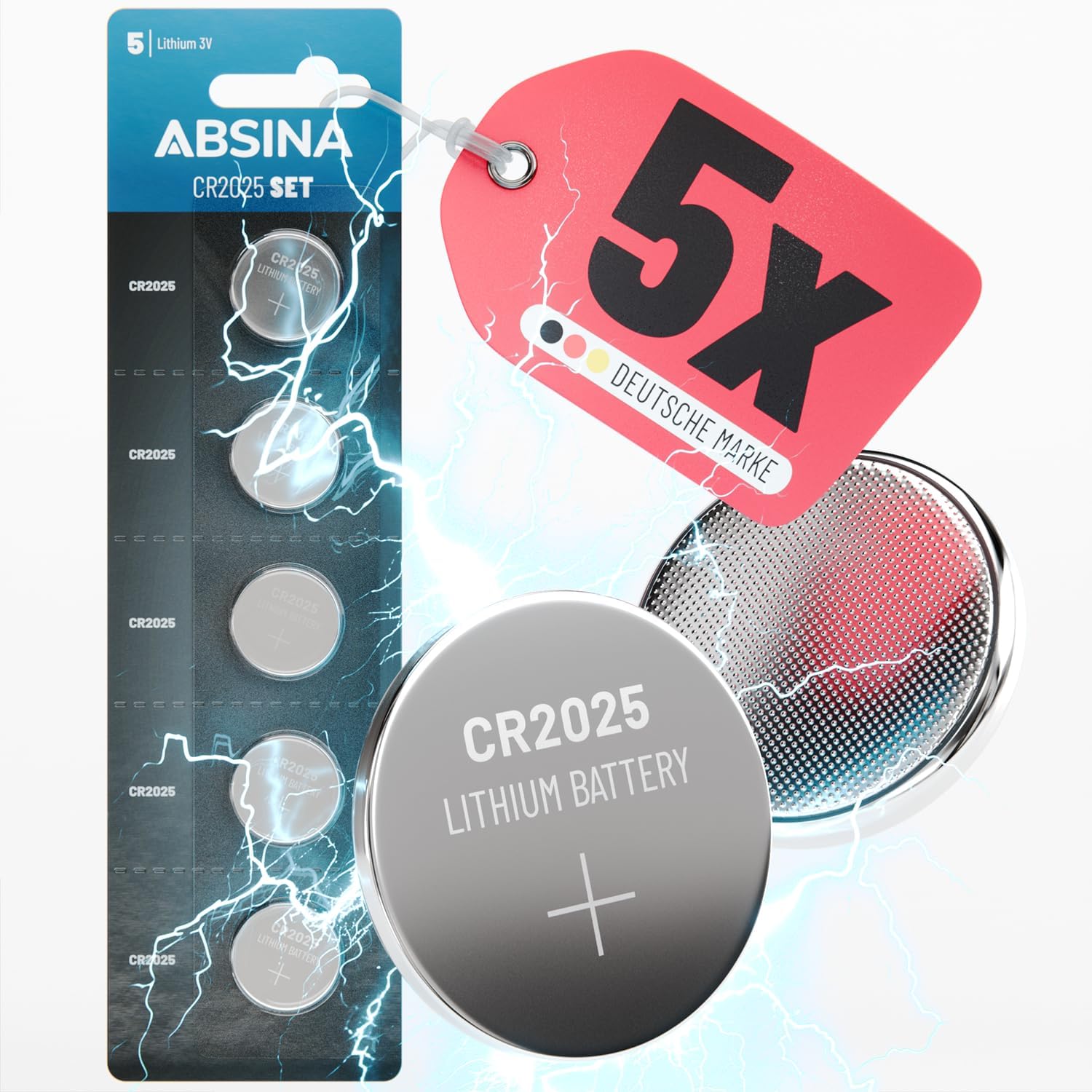 ABSINA Knopfzellen CR2025 5er Pack - CR 2025 Knopfzelle auslaufsicher ...