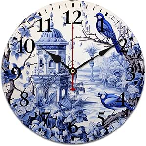 Amazon.com: Wall Clock Blue And White Tile With Birds And Small Flower ...
