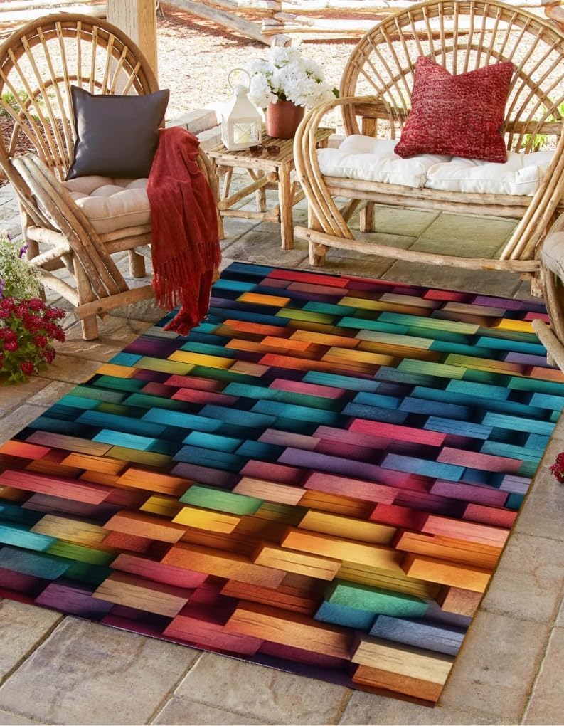 Vibrant Multicolor Wood Grain Outdoor Area Rug for Porch Patio Deck ...