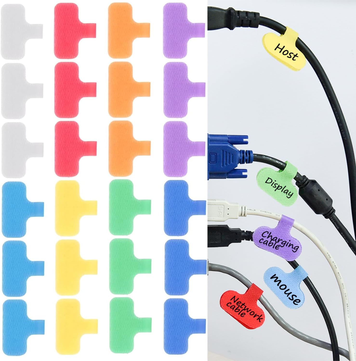 24 Pcs Multi-Color Write-On Cord Labels, Reusable Cable Management Tags ...