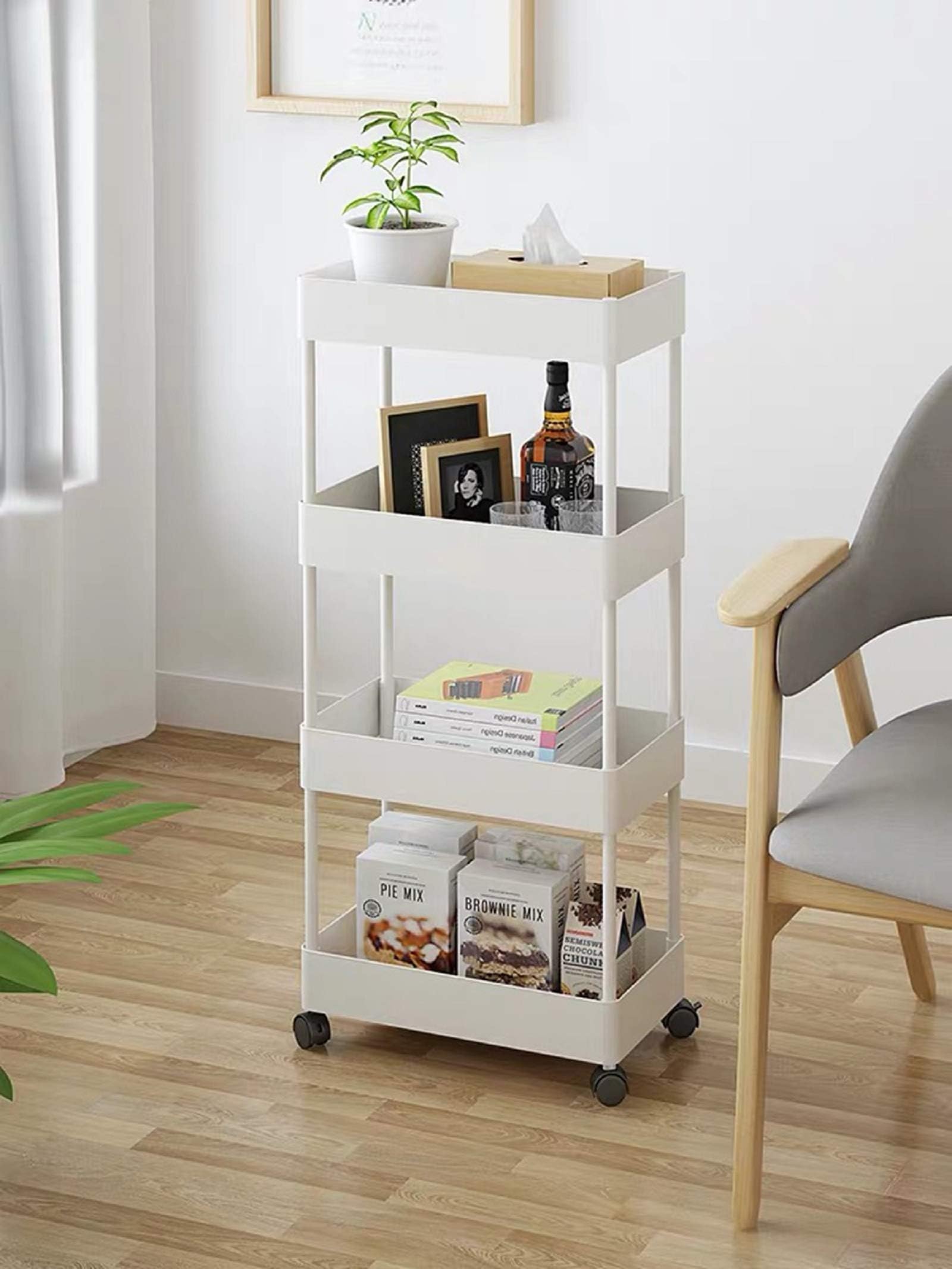 JIIKOOAI Storage Trolley Cart 4-Tier Storage Cart Rolling Cart Plastic ...