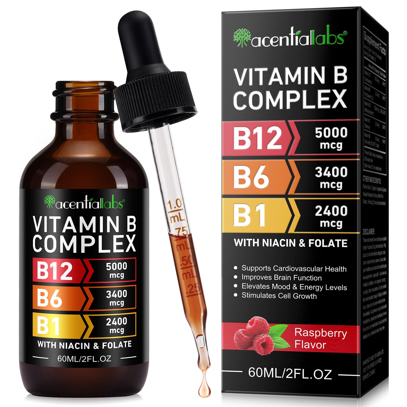 Vitamin B Complex Liquid Drops 60ml | B12 5000 mcg, B6 3400 mcg, & B1 ...